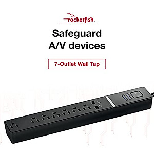Rocketfish 7-Outlet/2-USB Wall Tap Surge Protector Strip - Provides Protection & Convenient Mobile Phone Charging - Black