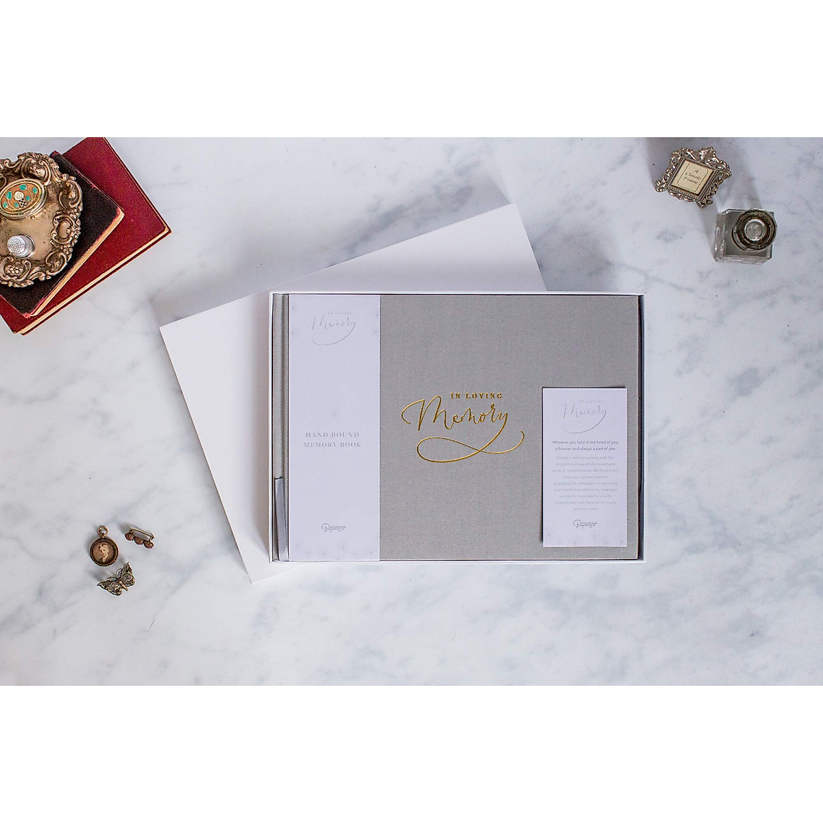 Condolence Book Funeral Guest Book, Memorial Memory Books – Blank Scrapbook Style Pages - Grey Fabric Remembrance Gift Set Hard Back with Pen