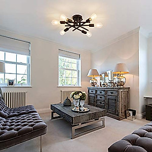 ASGYISA Semi Flush Mount Modern Ceiling Light Fixture， 6 Lights Black Vintage Matte Sputnik Chandelier Ceiling Lamp with E26 Bulb Base for Farmhouse Dining Room Living Room Bedroom Study Kitchen