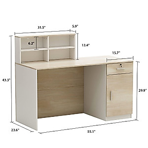 FAMAPY Reception Desk Retail Counter with Lockable Drawer & Shelves, Front Counter Desk Reception Counter Table for Salon Lobby Shop White and Oak (55.1”W x 23.6”D x 43.3”H)