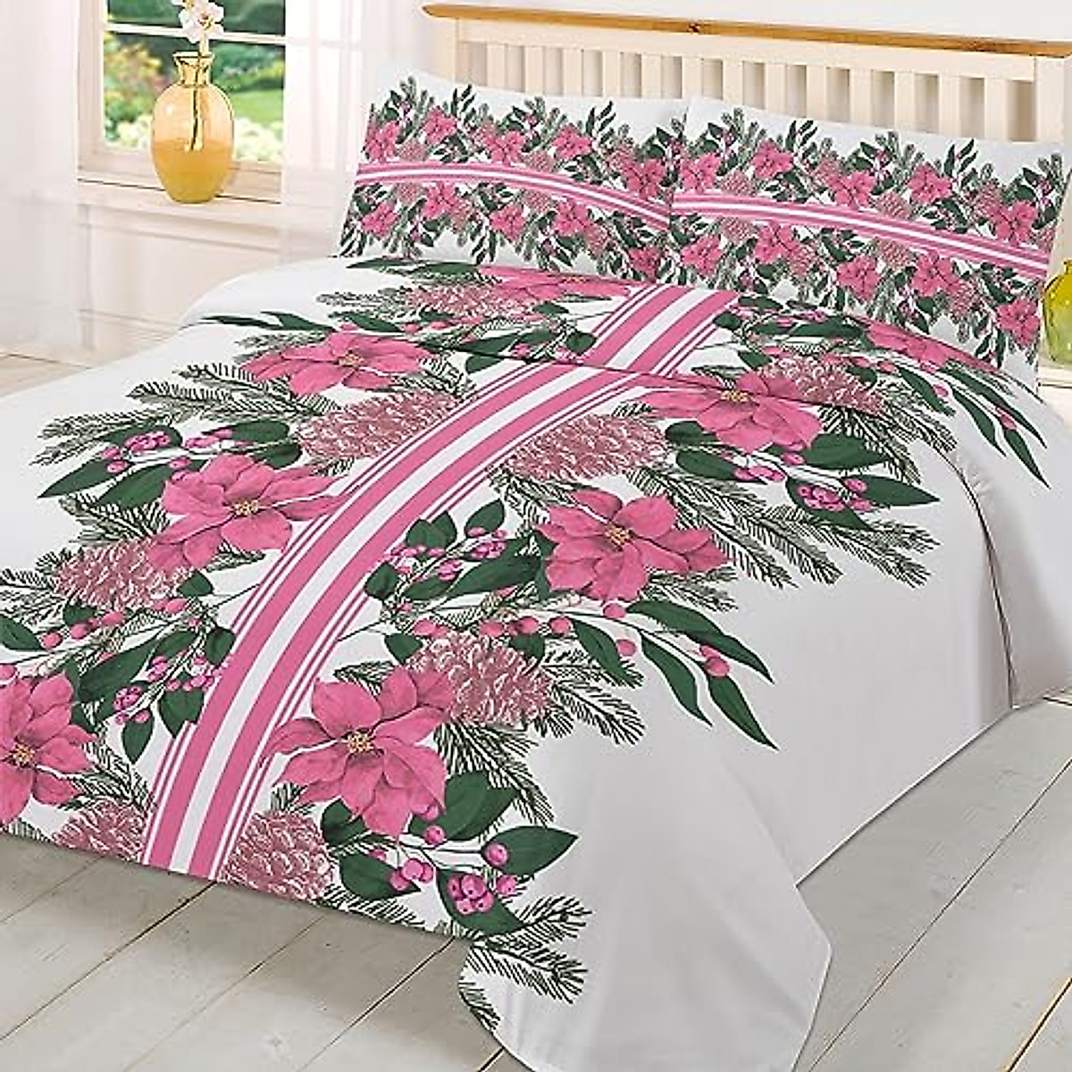 3 Pieces Duvet Cover Set Pink Poinsettia Flower Berries Green Leaf Christmas Bedding Set Queen Size Cozy Comforter Cover with Zipper Closure and Corner Ties,1 Duvet Cover and 2 Pillow Shams