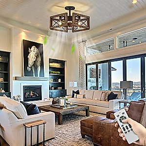 DUJAHMLAND Farmhouse Flush Mount Ceiling Fan with Light, 20 Inch Industry Wood Low Profile Ceiling Fan with Light Remote Control for Bedroom Living Room Kitchen (Antique Wood 4-Light)