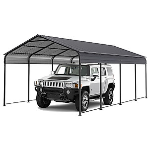 Metal Carport 12 x 20 FT Heavy Duty Outdoor Steel Large Rv Car Ports Canopy with Galvanized Metal Roof and Enhanced Base, Outdoor Garage Car Shelter for Cars, Boats, Trucks, Tractors, Gray