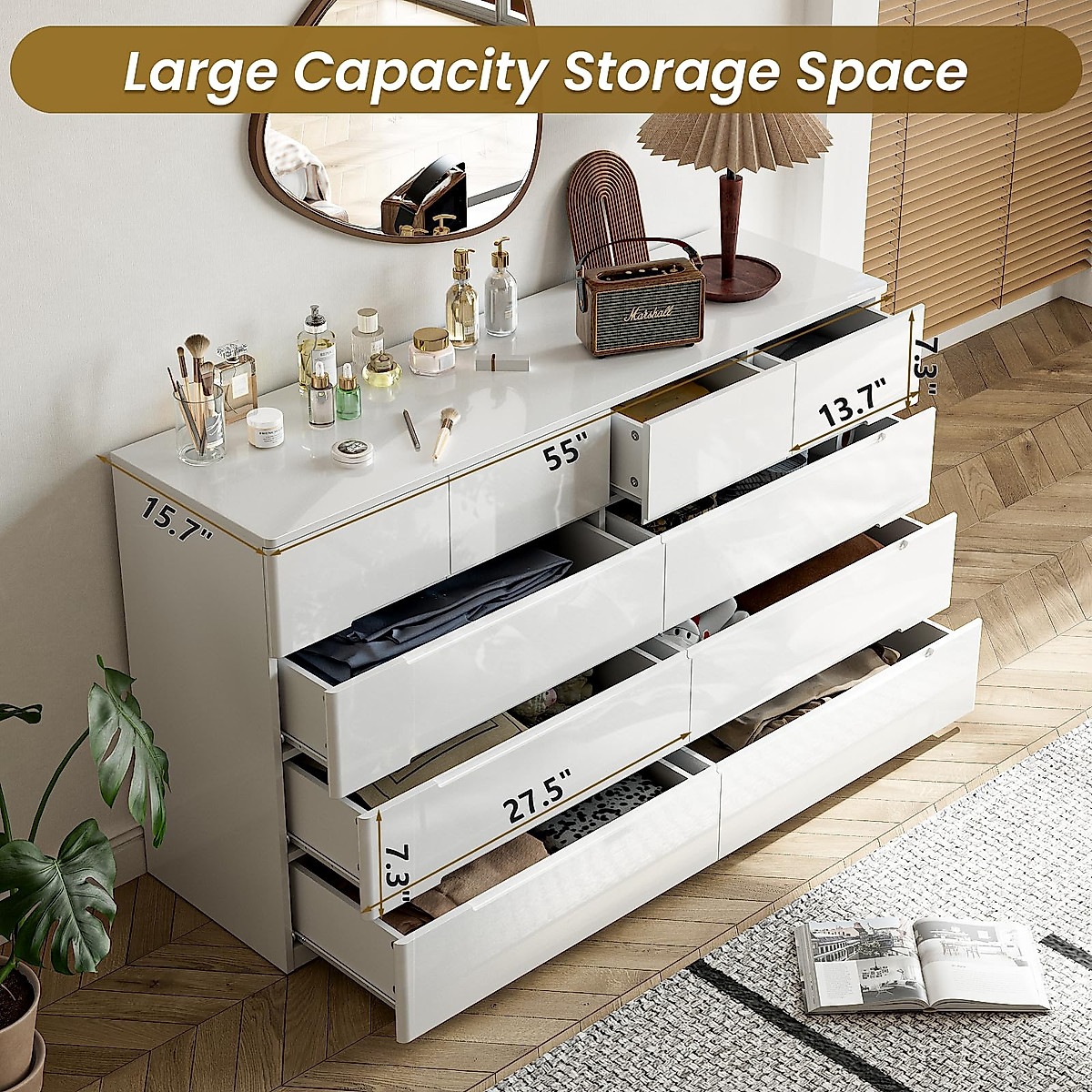 ZORPLIX 10 Drawer Dresser, White Dresser for Bedroom, High Gloss Modern Dresser & Chest of Drawers, 55" Long Dresser TV Stand, Large Double Dresser for Bedroom