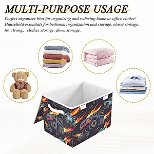 DALAWU Containers Baskets with Lids Monster Truck Running Fabric Foldable Storage Bins Organizer with Lid Collapsible Storage Boxes for Home Bedroom Closet Office