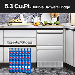 WINEBOSS 24 inch Beverage Refrigerator, Under Counter Double Drawer Fridge for Drink Soda Beer, Freestanding & Built-in Stainless Steel Beverage Cooler for Home and Outdoor Commercial Use