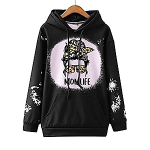 Winnerlion Distressed Hoodies Sweatshirts for Women Momlife Printed Casual Athletic Hooded Sweatshirt Pullover Tops (Black, XXL)