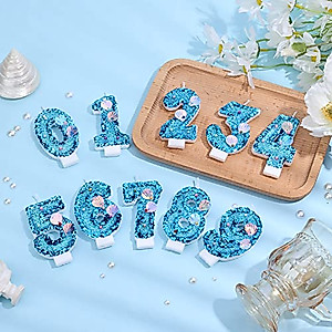 3 Inch Birthday Number Candle, Blue Shell Sequins Number Candles Glitter Number Candle Cake Numeral Candles Cake Topper for Birthday Anniversary Mermaid Themed Party (4)