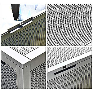 Modern-Depo 100 Gallon Deck Box Waterproof Outdoor Storage Bench Resin Garden Tools Pool Towel Storage Bin Porch Delivery Box, Brown