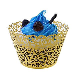 SUYEPER 100pcs Cupcake Wrappers Artistic Bake Cake Paper Cups Little Vine Lace Laser Cut Liner Baking Cup Muffin Case Trays for Wedding Party Birthday Decoration (Gold)