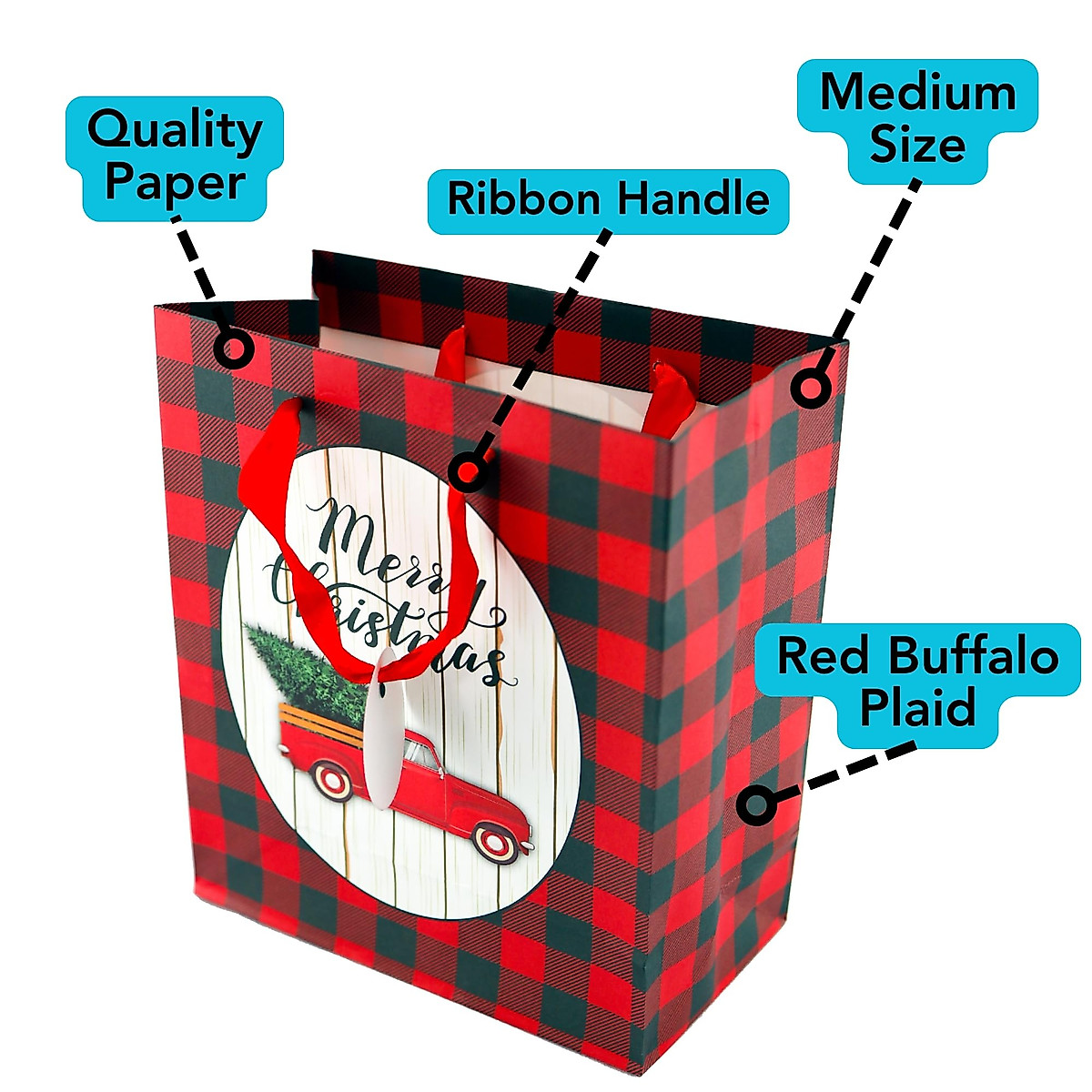 Iconikal Medium Size Christmas Gift Bags, Red Buffalo Plaid with Red Truck, 10-Count Set