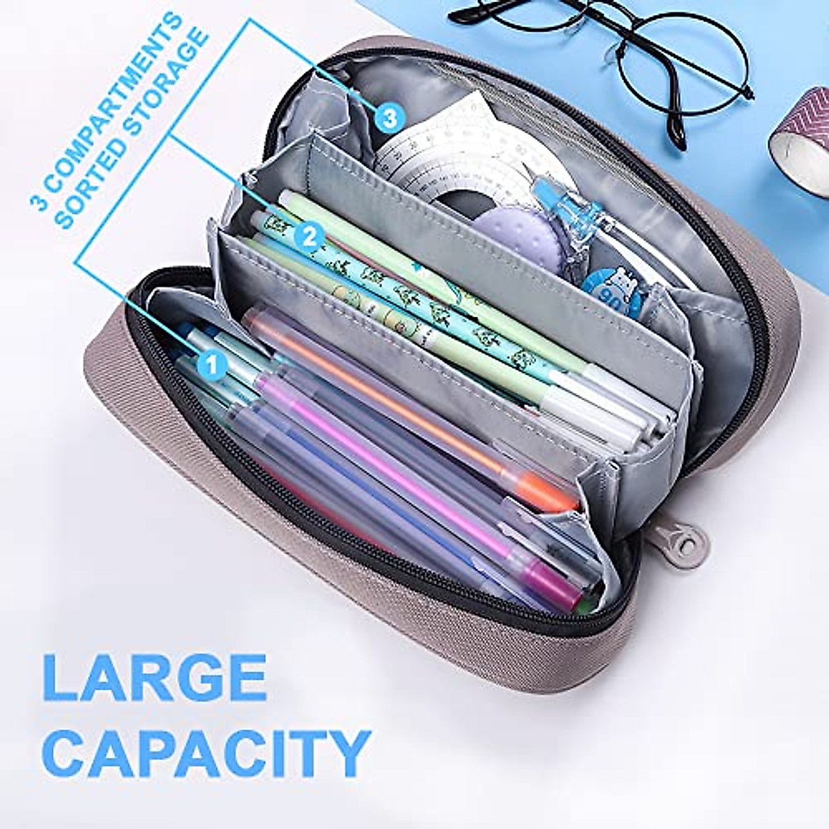 LELE LIFE Big Capacity Pencil Case with 3 Compartments, Double Zipper Sturdy Canvas Pen Case, Pencil Bag Stationery Pouch for School Students Office, Blue