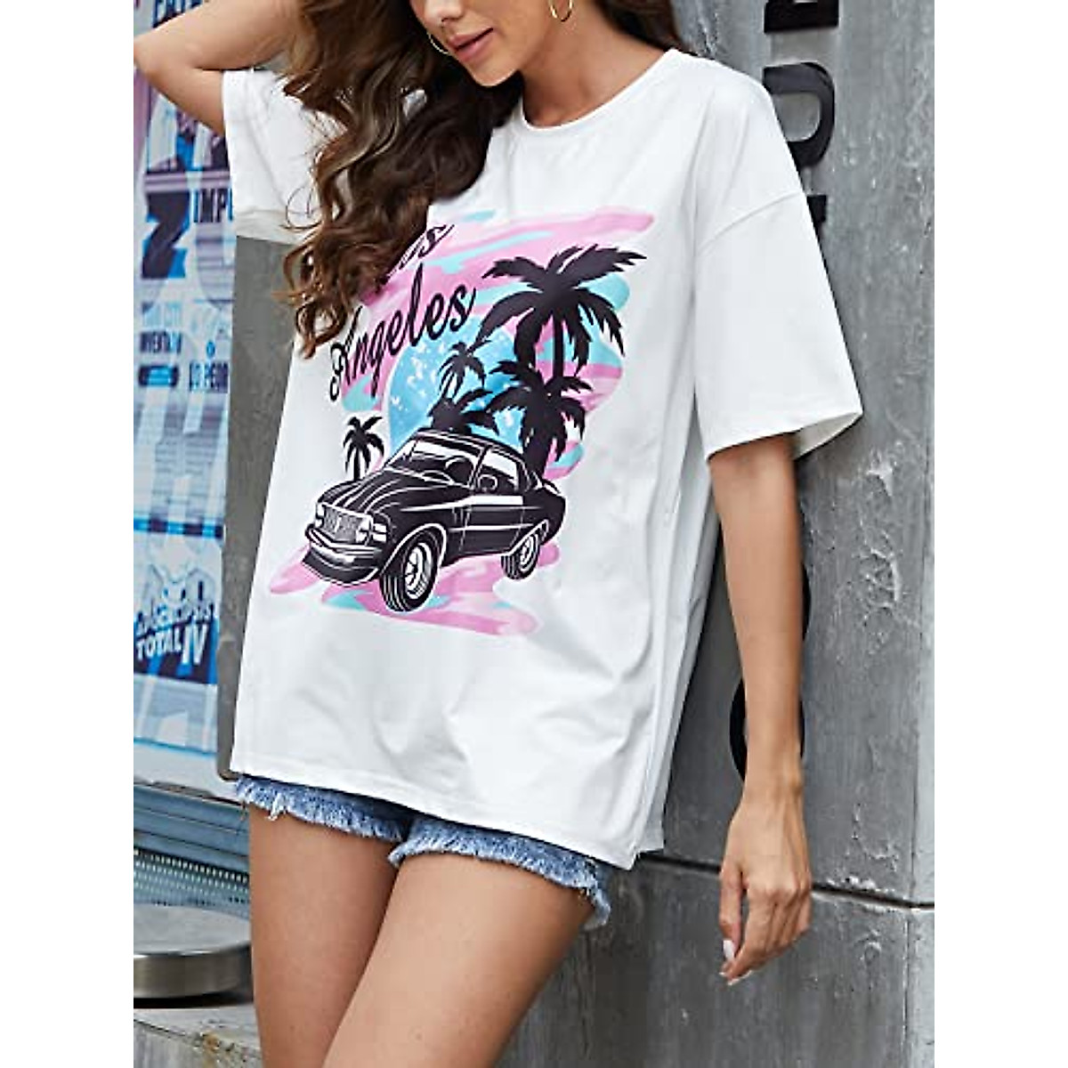 VENTELAN Women's Graphic Oversized Tees Letter Print Summer Tops Half Sleeve Loose Casual Round Neck T Shirts,M