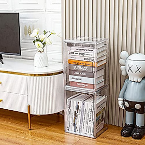 FABROK 2Pcs Clear Book Storage Organizer Box, Plastic Stackable Book Display Case with Magnetic Door, Assemble Storage Showcase for Toy Dolls, Books, Shoes Organizing
