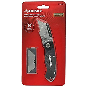 Husky 21113 Folding Sure-Grip Lock Back Utility Knife w/ 10 Disposable Blades Included (Colors Vary)