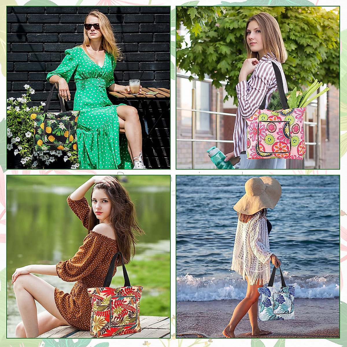 Cunno 8 Pcs Summer Reusable Shopping Bags for Groceries 13.78 x 17.72 x 4.72 Inch Beach Foldable Tote Bag with Zipper and Handles Large Capacity Waterproof Travel Tote Bags for Women Work Gym