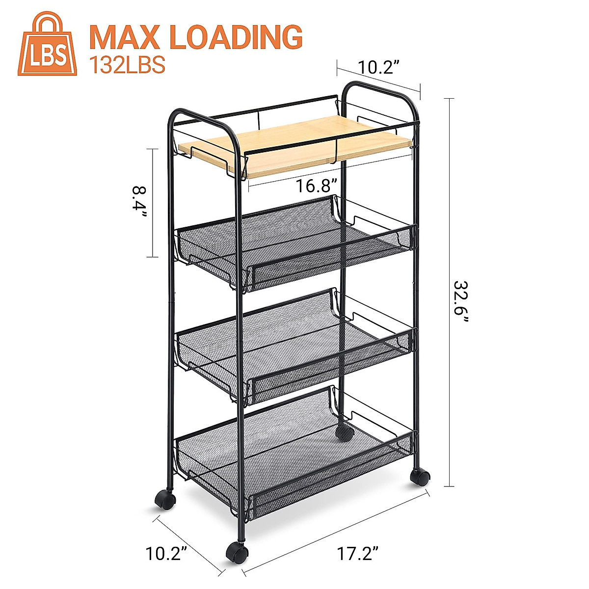 KINGRACK 4-Tier Rolling Cart,Metal Utility Cart with Wooden Tabletop,Easy Assemble Mobile Storage Trolley On Wheels,Craft Storage Cart for Bedroom Office Kitchen Bathroom Laundry Room,Black