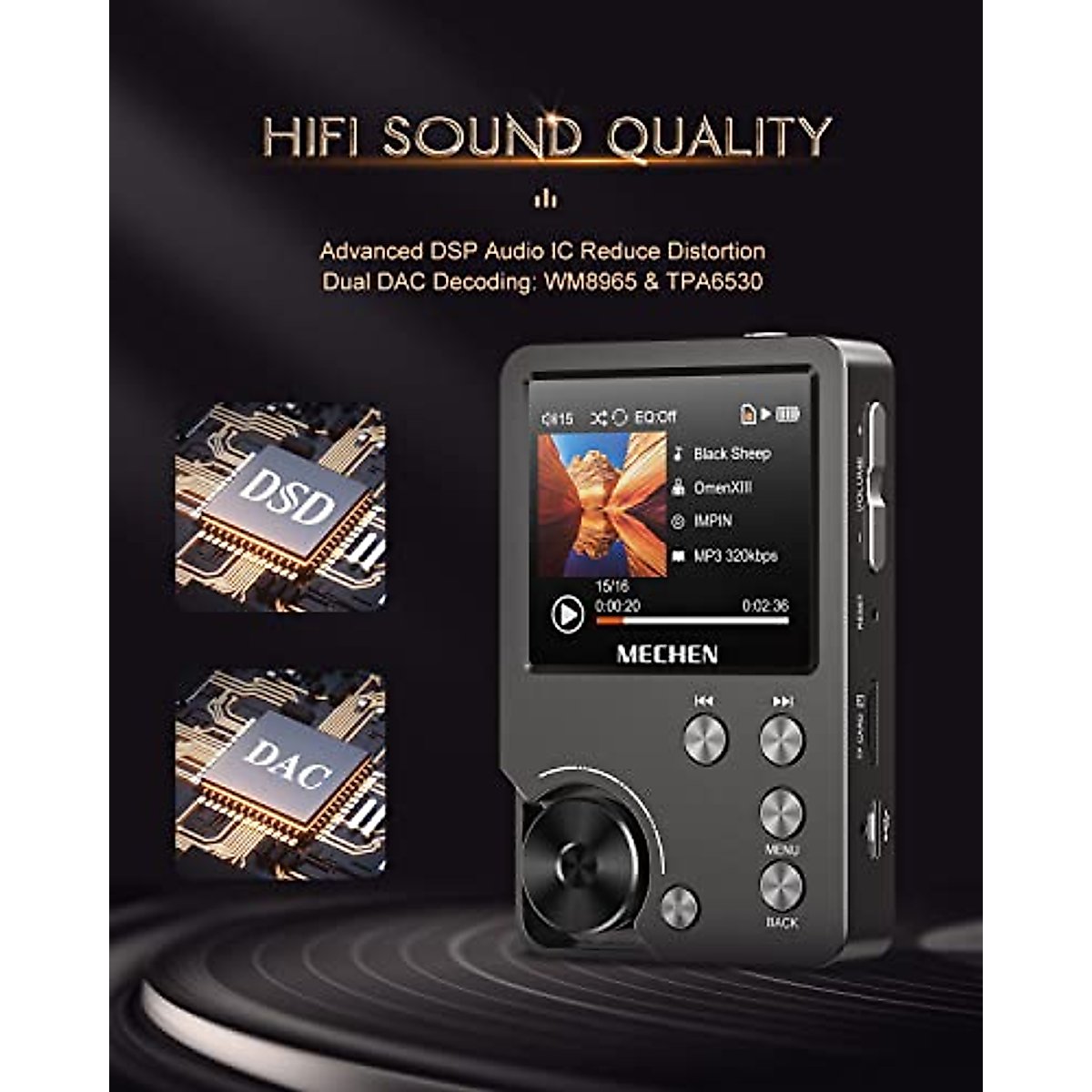 MP3 Player, MECHEN Lossless DSD High Resolution Portable Digital Audio Music Player with 64GB Memory Card, HiFi Lossless Audio Player，Support up to 256GB