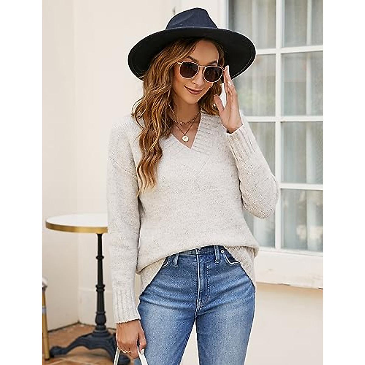 Bluetime Women Casual Long Sleeve Sweaters Soft Loose Fit Cable Knit Pullover V Neck Oversized Tunic Sweater Tops (L, Light Apricot)