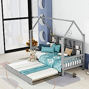 Bellemave Twin Size House Beds with Trundle and Storage Shelves, Kids Montessori Bed Wood Playhouse Tent Bed Frame for Girls Boys, Gray