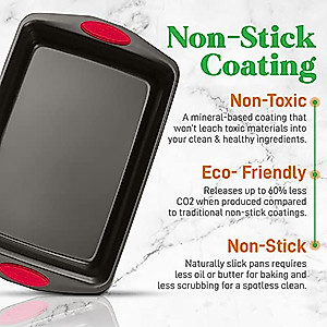 NutriChef 2-Piece Baking Pan Set - PFOA, PFOS, PTFE Free Flexible Nonstick Black Coating Carbon Steel Bakeware - Professional Home Kitchen Bake Cookie Sheet Stackable Tray w/Red Silicone Handles