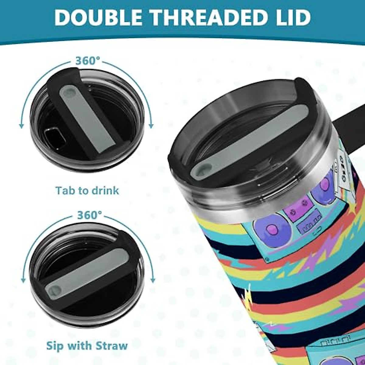 Exnundod Seamless Radio Tape Recorder Tumbler with Handle 30oz and Straw Cassette Music Insulated Tumblers Leak-proof Water Bottle for Car Travel