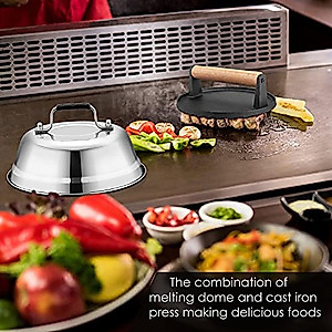HaSteeL Melting Dome & Grill Press for Griddle, Stainless Steel 9In Basting Cover & Heavy Duty 7In Wooden Burger Press, Griddle Accessories Kit Great for Flat Top Teppanyaki Cast Iron Indoor Outdoor