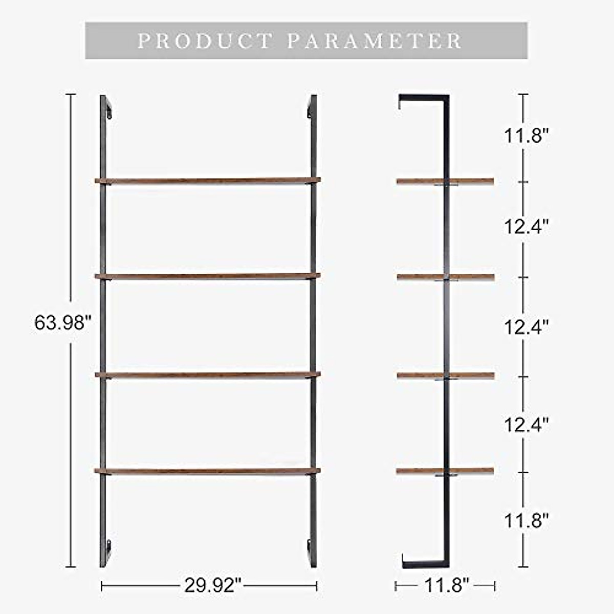 ZenStyle 4-Shelf Bookcase, Industrial Floating Shelves Wall Mount with MDF Wood and Black Metal Frame, Nutmeg/Black