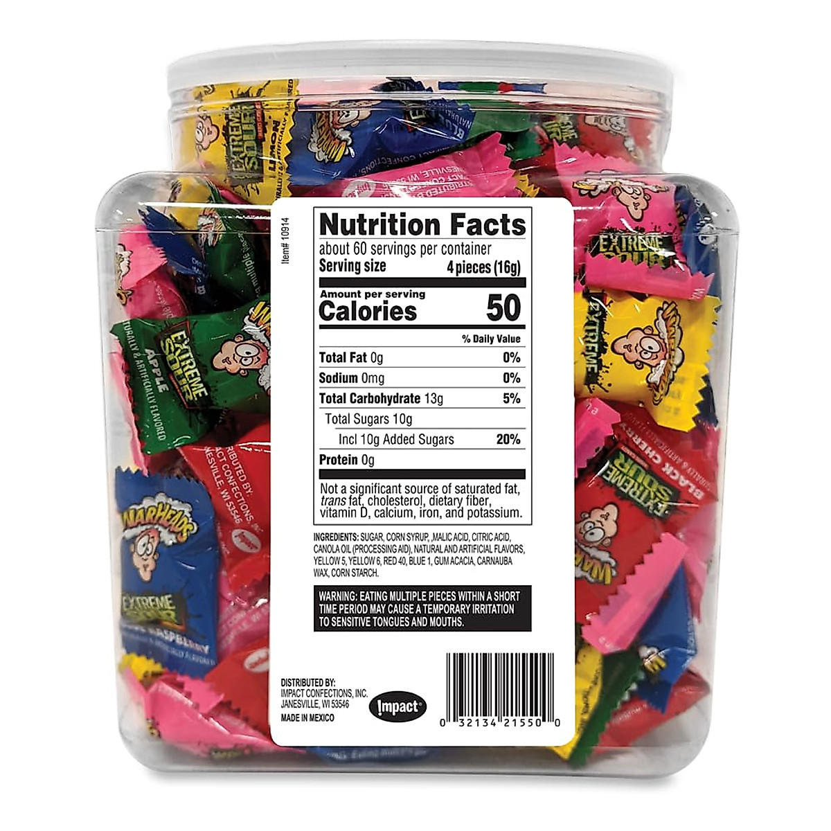 WARHEADS - Extreme Sour Hard Candy - Sour Apple, Black Cherry, Blue Raspberry, Lemon & Watermelon Flavors - 34 oz. Tub with 240 Pieces of Candy
