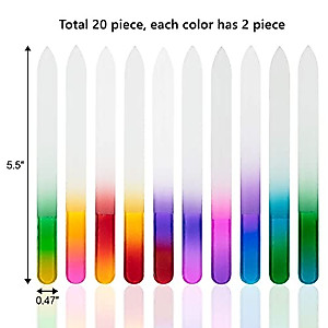 EAONE 20 Pieces Glass Nail File, Crystal Nail File Double Sided Etched Filing Surface Finger Nail Files, Professional Mix Gradients Colors Manicure Nail Care, 10 Color,Bulk Gift Mothers Day Gifts