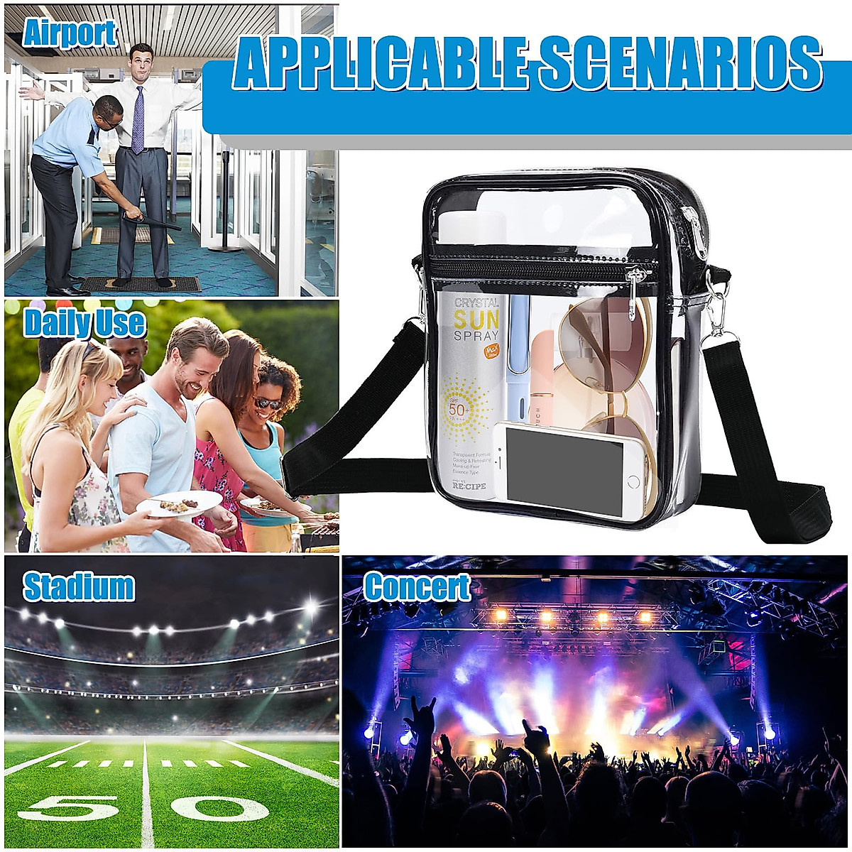 AURUZA Clear Crossbody Bag,Clear Bag for Women with Adjustable Strap,Clear Purse Stadium Approved for Concerts Festivals