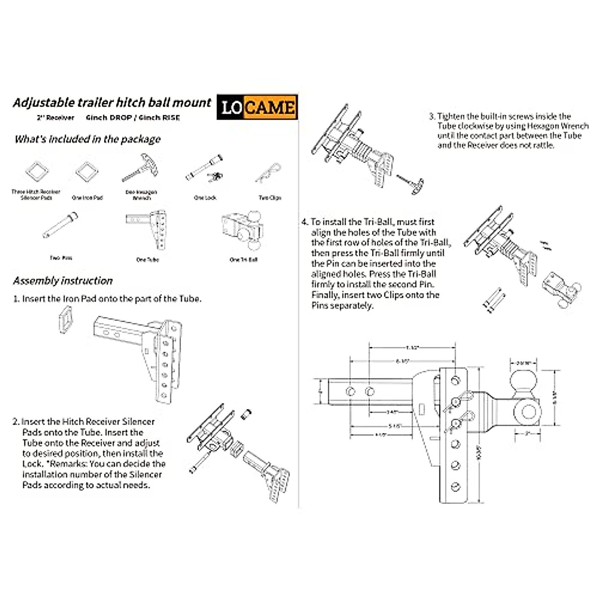 LOCAME Adjustable Trailer Hitch, Tri-Ball (1-7/8", 2", 2-5/16"), Fits 2-Inch Receiver, 6 Inch Drop/Rise Drop Hitch,15000 LBS GTW-Tow Hitch for Heavy Duty Truck, Solid Ball Mount, LC0020