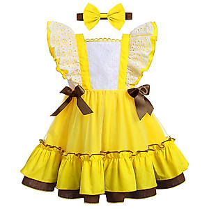 Toddler Baby Girl Ruffle Tutu Dress First Birthday Cake Smash Outfits Princess Polka Dot Bowknot Rainbow Floral Pageant Tea Party Dresses Baby Easter Baptism Dress Up Yellow Floral 12-18 Months