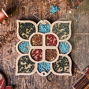 Lonjew Wood bead box with lid and needle magnet, flower bead supply storage, bead organizer tray, jewelry making gift, beadwork craft accessory