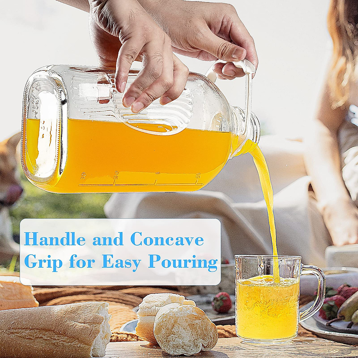 2 Qt Glass Milk Bottle with Reusable Strong Airtight SCREW LID, 64 Oz Glass Juice Bottles for Almond Milk, Oat Milk - 0.5 Gal Glass Water Bottle with 2 Exact Scale Lines, Extra Handle AND Cap！