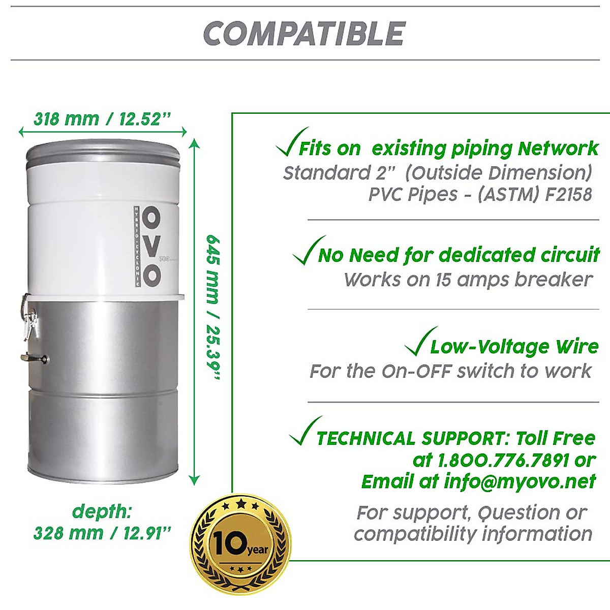 OVO AW Large and Powerful Central Vacuum System, Hybrid Filtration (with or Without Disposable Bags) 25L or 6.6 Gal, 700 Air watts and 40 ft Deluxe Accessory Kit Included, White and Silver