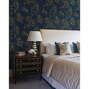 118"x17.3" Peel and Stick Wallpaper Gold and Blue Contact Paper Dark Blue Wallpaper Removable Wallpaper Floral Contact Paper for Walls Covering Vinyl Rolls