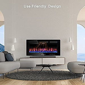 Home4me 36" Electric Fireplace, Wall Mounted and Recessed Fireplace Heater, 750/1500W Freestanding Linear Fireplace, Adjustable Flame Color, Touch Screen，Remote Control with Timer, Low Noise