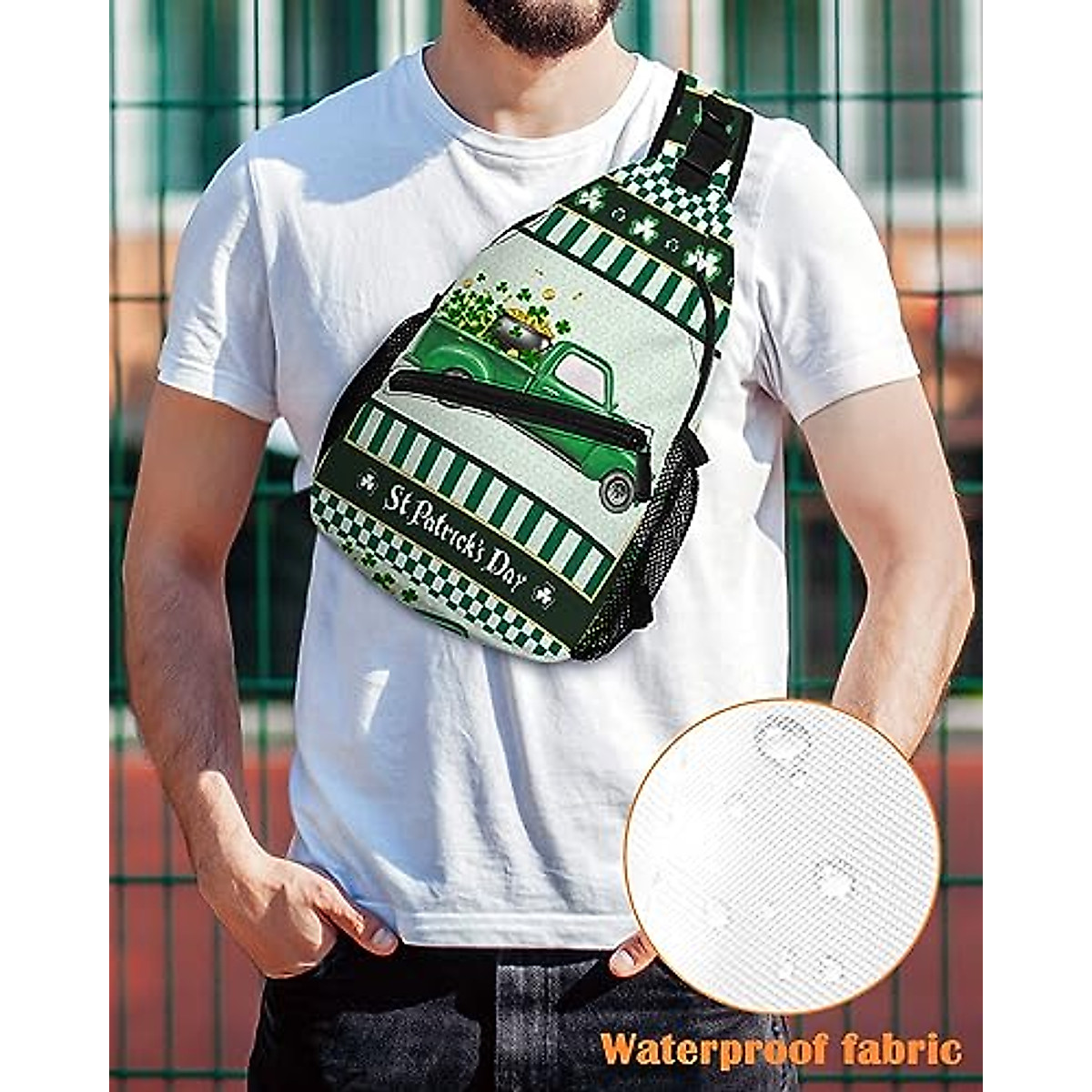 Gsypo Sling Backpack, St. Patrick's Day Truck Pull Shamrock Checkered Pattern Waterproof Lightweight Small Sling Bag, Travel Chest Bag Crossbody Shoulder Bag Hiking Daypack for Women Men