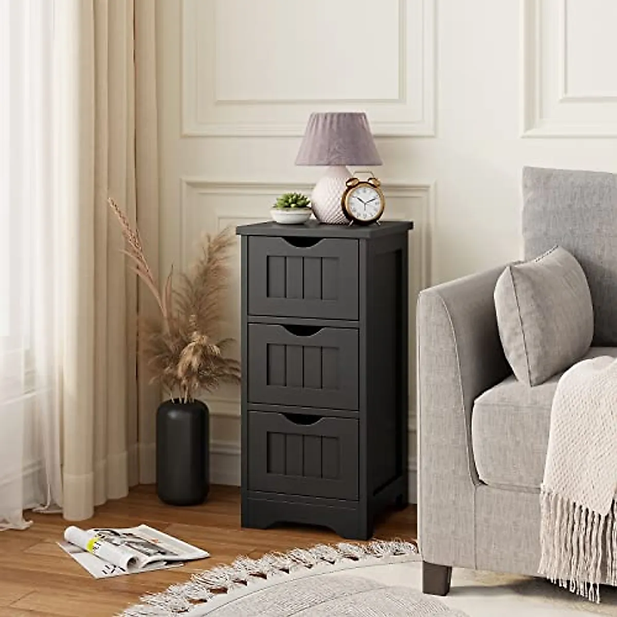 Tangkula Bathroom Floor Cabinet, Wooden Storage Cabinet with 3 Drawers, Modern Side Table, Bathroom Organizer for Home Office Bathroom Living Room (3 Drawers, Black)