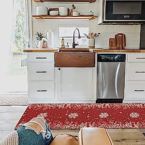 Christmas 2Pcs Kitchen Rugs, Anti Fatigue Kitchen Mat Non Slip Rug Runner Comfort Standing Floor Mats Kitchen Carpet Set for Sink, Laundry - Christmas Snowflakes with Plants Red Texture