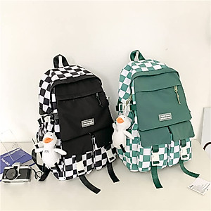 MEOKIM Kawaii backpack student schoolbag large-capacity backpack black and white plaid cute girls campus backpack(Green)