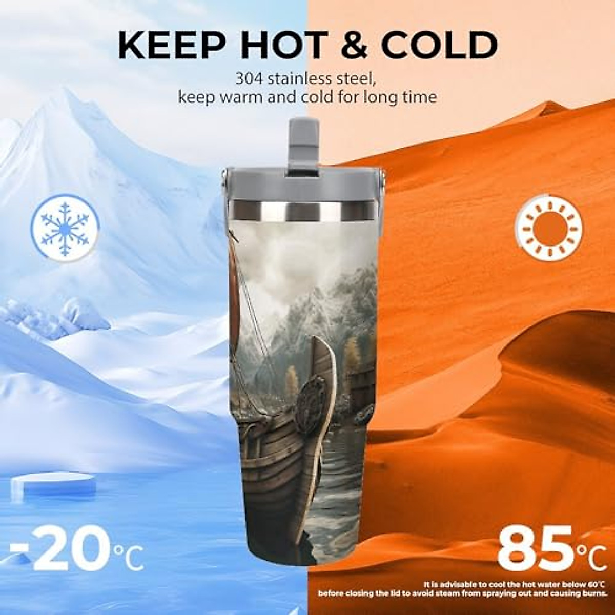 Old Viking Boat 30oz Stainless Steel Insulated Tumbler with Straw & Foldable Handle - Leakproof, Double-Wall Vacuum Travel Thermos for Hot/Cold Drinks, Non-Slip Base, Fit Cup Holders