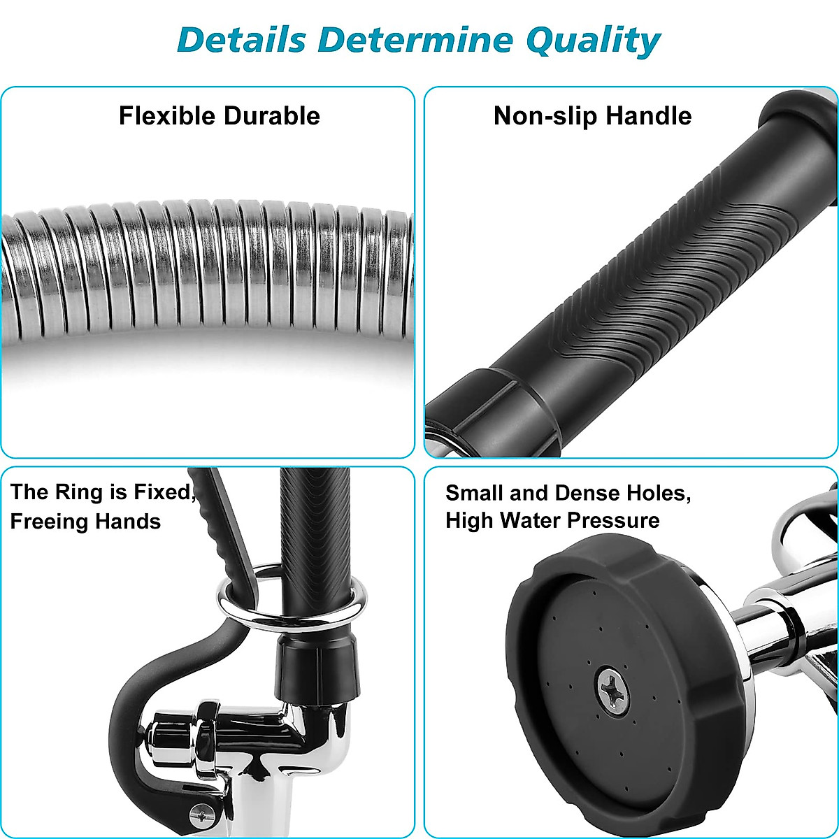 Spray Valve with 44" Flexible Stainless Steel Hose & Pre-Rinse Overhead Spring, Upgrade Universal Commercial Faucet Flexible Hose with Spray Head Replacement Kit