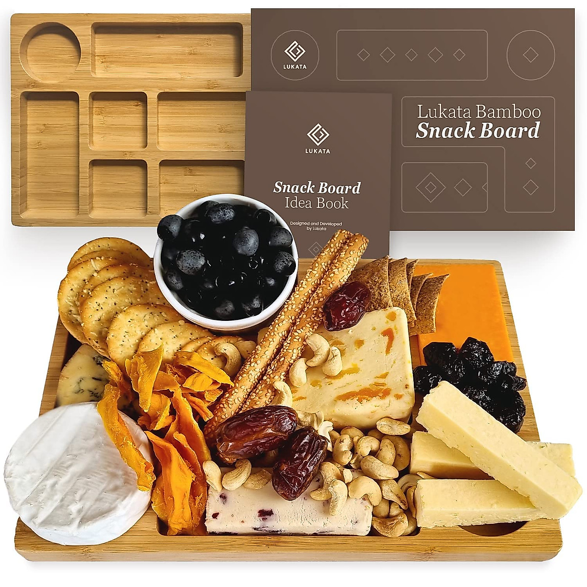 Lukata Grazing Board - Small Charcuterie Board for Snacks Cheese & Appetizers - Durable Bamboo Serving Platter for 2-3 People Parties Guests Picnics - 12.6''x 8.7''x 0.8''