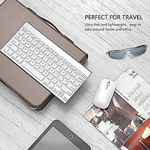 Small Wireless Keyboard Mouse Combo, seenda Ultra Thin Compact Rechargeable Wireless Keyboard with Silent Mouse Low Profile Keys for Windows 7/8/10/11/11 Pro Laptop Computer, Silver White