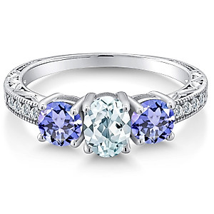Gem Stone King 925 Sterling Silver Oval Sky Blue Aquamarine and Blue Tanzanite Ring For Women (1.79 Cttw, Gemstone Birthstone, Available In Size 5, 6, 7, 8, 9)