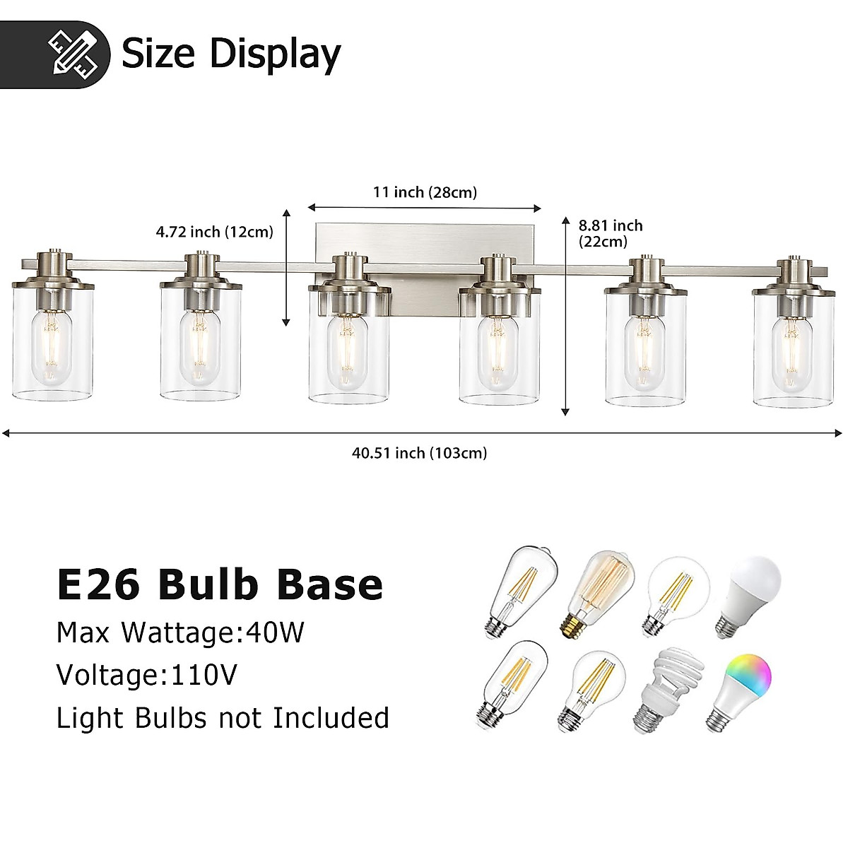 XGFOURSEVEN Brushed Nickel Bathroom Vanity Light, 6-Light Bathroom Light Fixtures with Clear Glass Shade, Nickel Wall Sconce for Bathroom Lighting (Brushed Nickel, 6 Light)