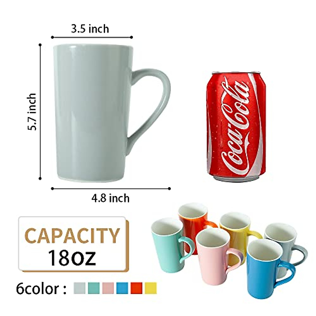 HAPPY KIT Tall coffee mug, Anti-Skid Bottom Large coffee Mugs with Set of 6,18 Ounce Ceramic Mugs for Coffee, Tea, Cocoa,coffee cups ceramic,tea cup