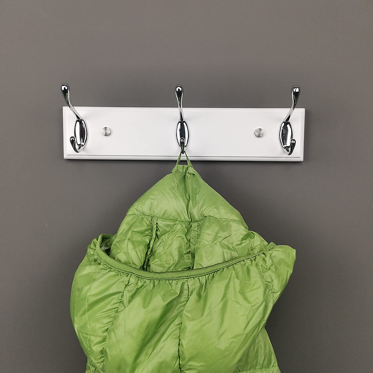 lomejii Wall Mounted Coat Rack 12.2inch(31cm) with 3 Silver Hooks, White Wall Coat Rack, Wood Wall Hook Coat Rack for Entrance, Hallway, Bedroom, Kids Room, Small Size White Wall Clothes Hanger